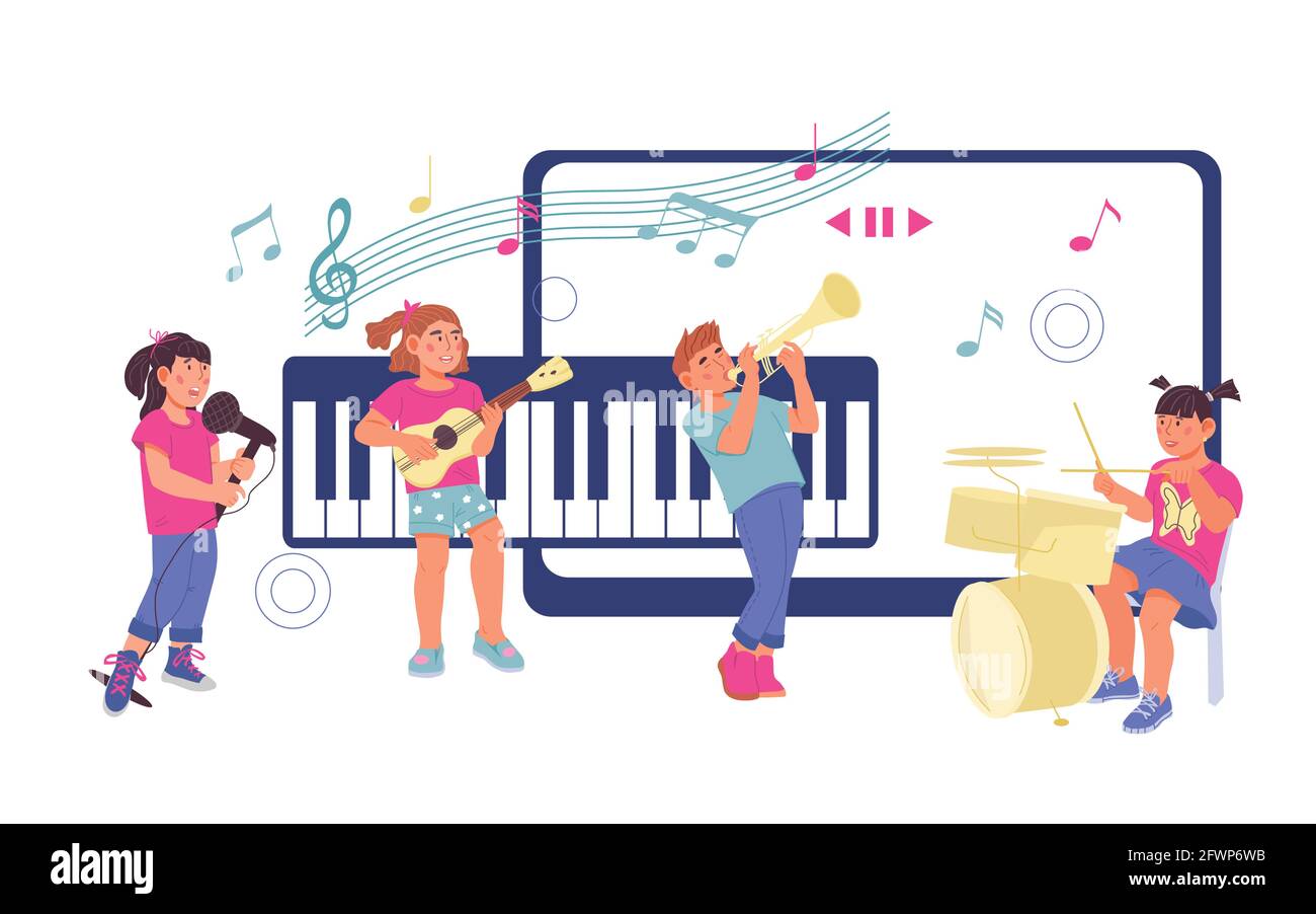 Online children music lessons concept with kids playing musical ...