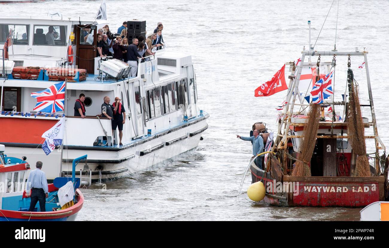Pic shows: Confrontation between Geldof boat, left with him on top deck ...