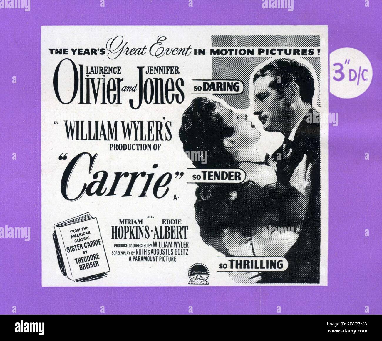 LAURENCE OLIVIER and JENNIFER JONES in CARRIE 1952 director WILLIAM ...