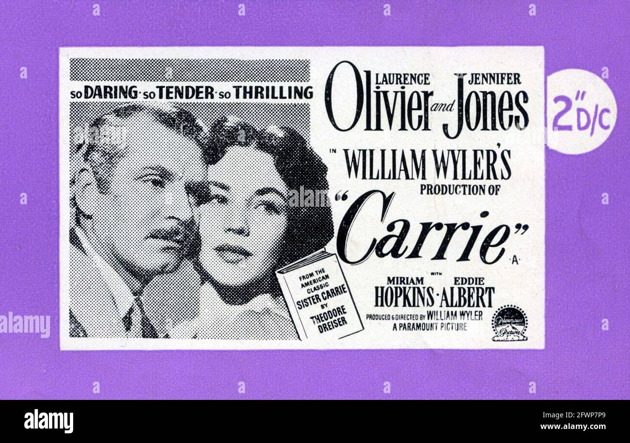 LAURENCE OLIVIER and JENNIFER JONES in CARRIE 1952 director WILLIAM ...