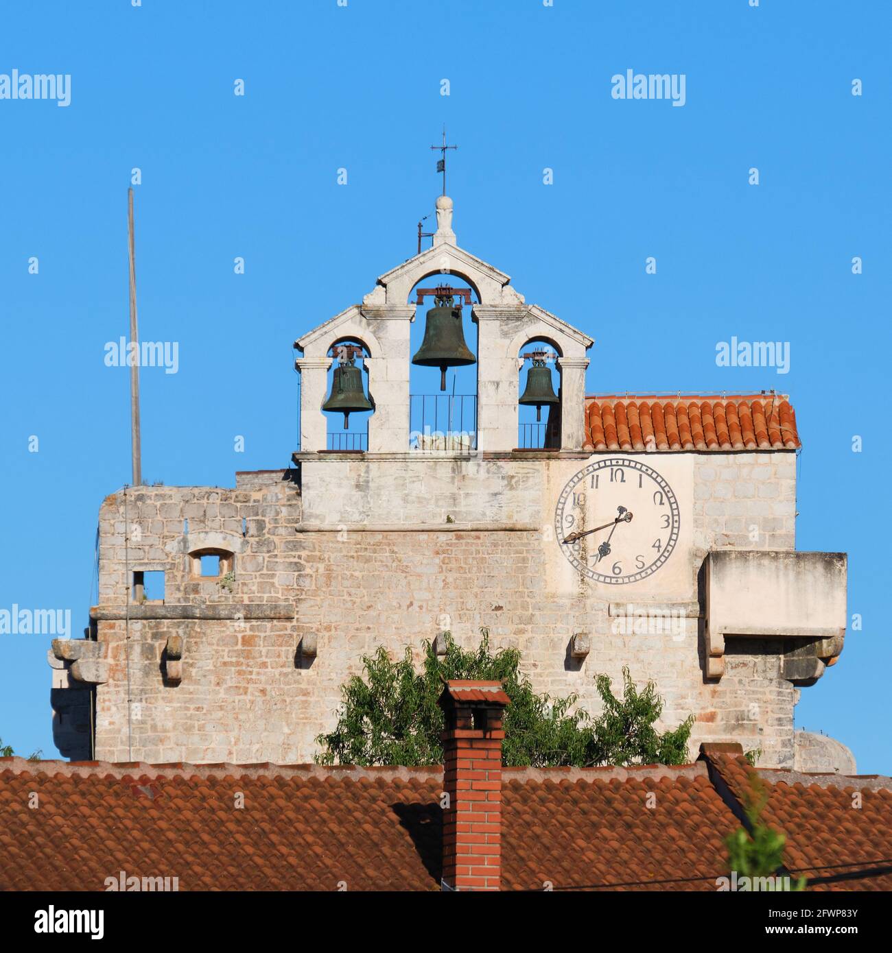 Bell tower of Saint Marries Church in Vrboska, Hvar, Croatia Stock ...
