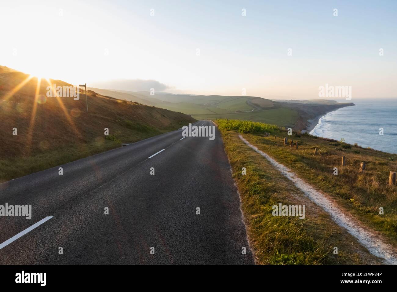 England, Isle of Wight, Coastal View of Road and Hiking Path with ...