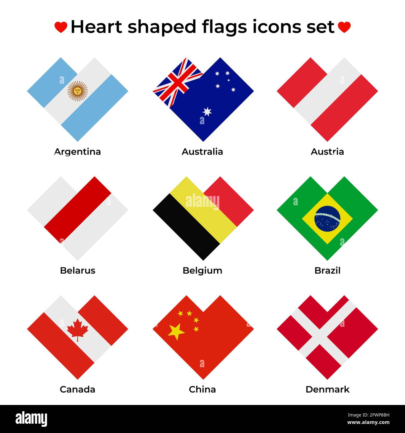 Heart shaped flags icons set. Flag icon in simple rectangular heart ...