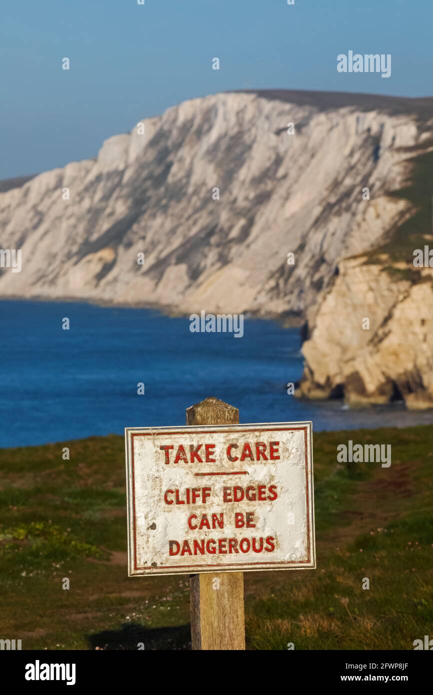 England, Isle of Wight, Tennyson Down, Danger Warning Sign with Cliffs ...