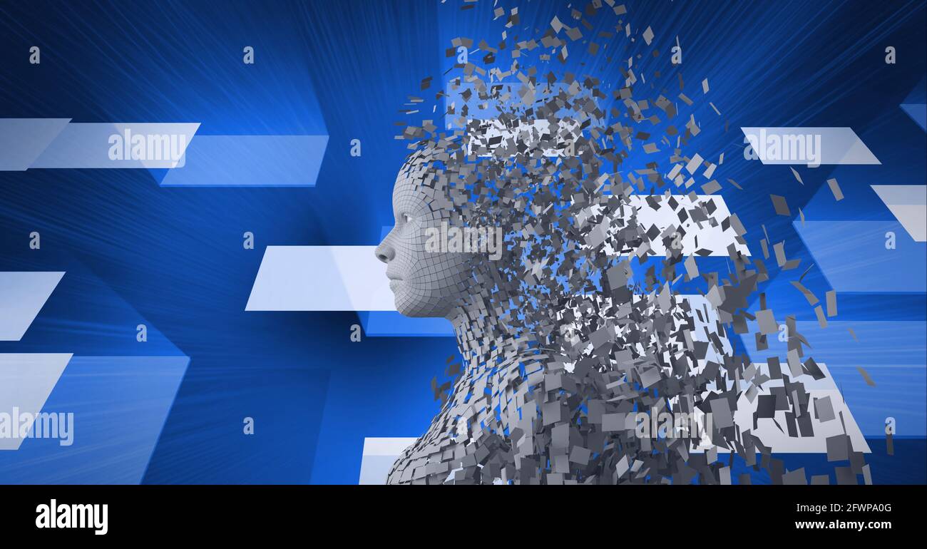 Composition of exploding human bust formed with grey particles and ...