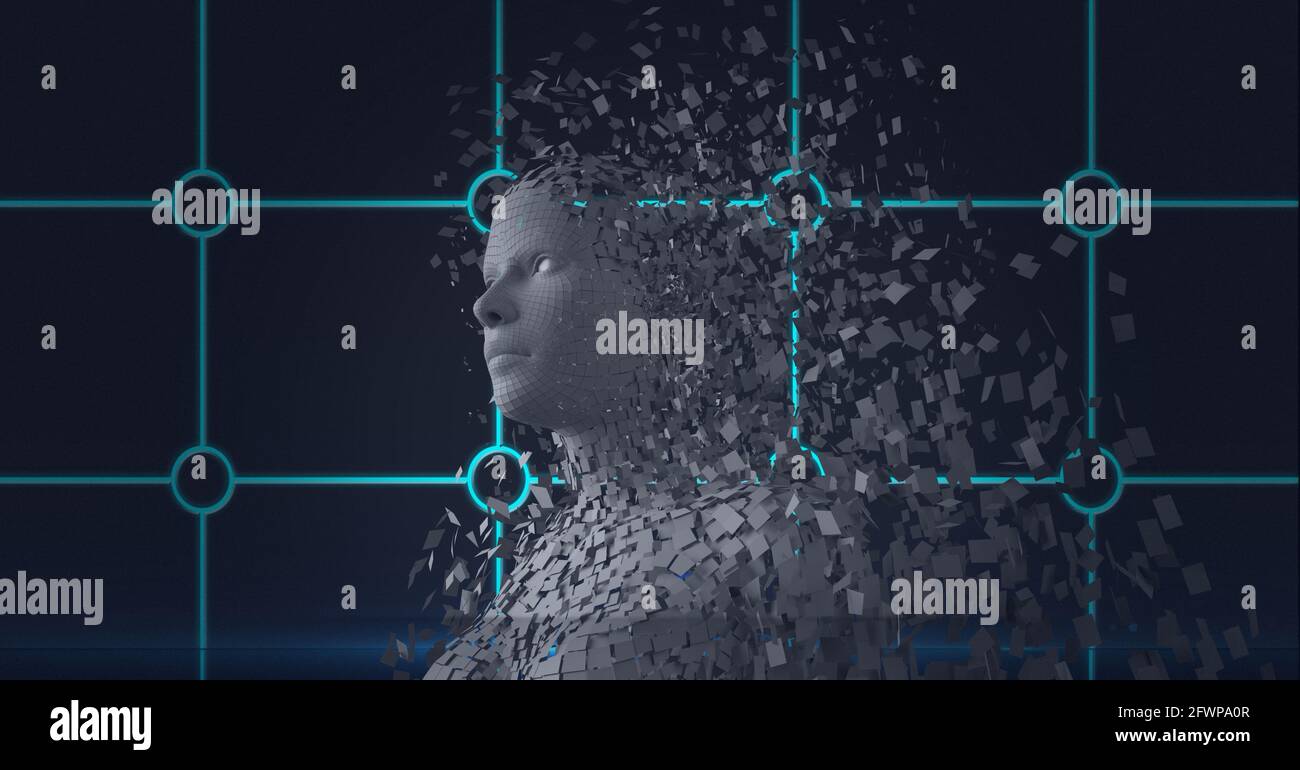 Composition of exploding human bust formed with grey particles and ...