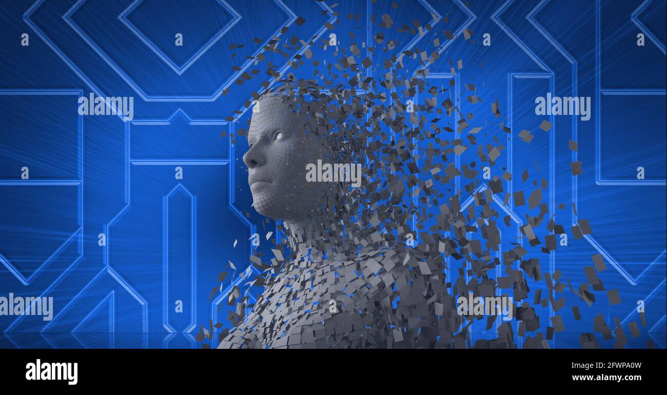Composition Of Exploding Human Bust Formed With Grey Particles And Blue