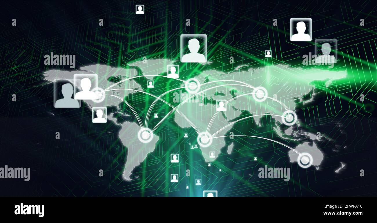 Composition of network of people connections with world map on circuit ...