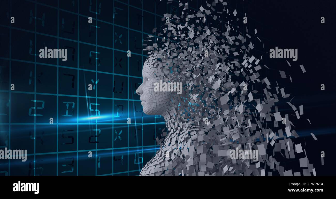 Composition of exploding human bust formed with grey particles and data ...