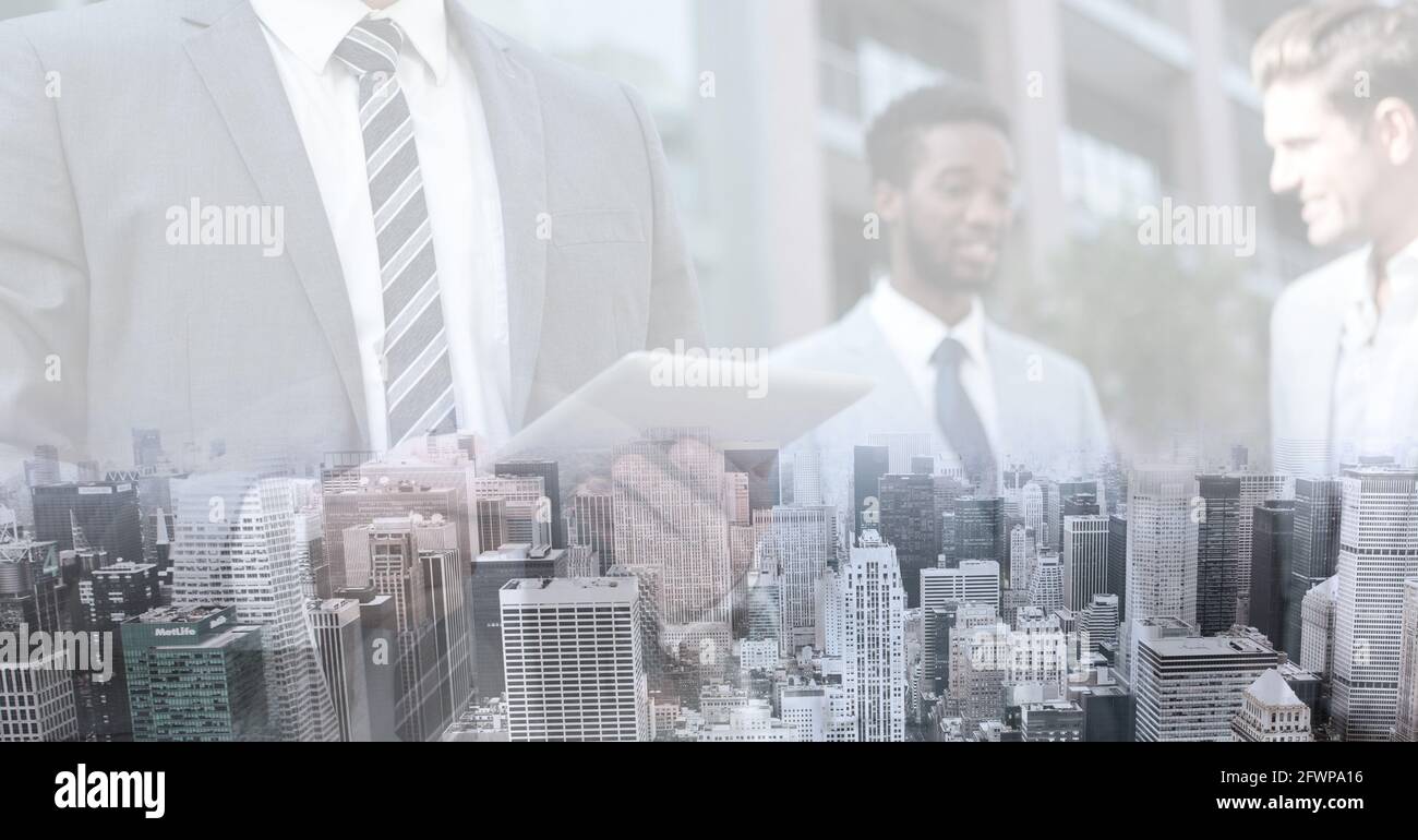 Composition of talking businessmen over modern building and cityscape ...