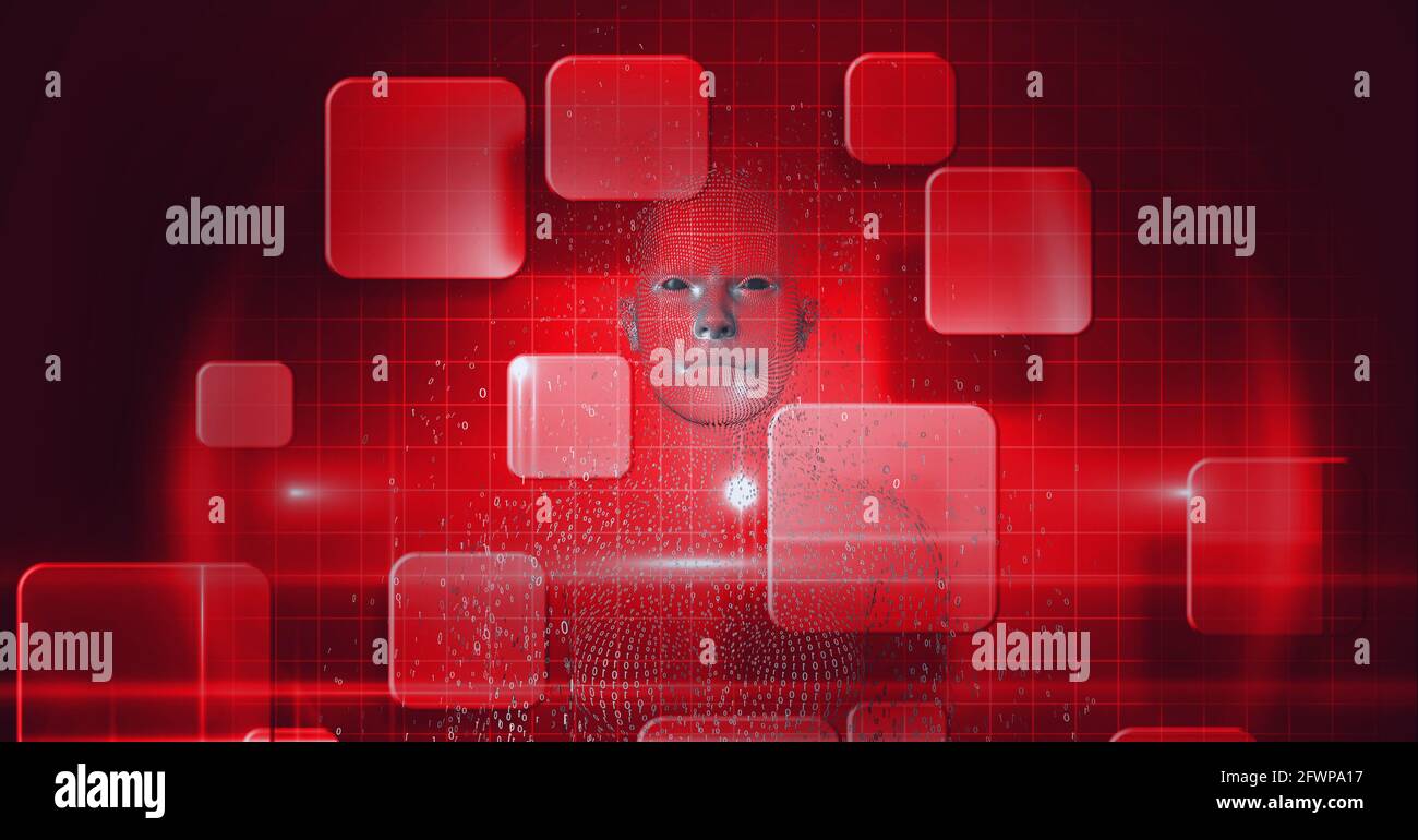 Composition Of Exploding Human Bust Formed With Binary Coding And Red
