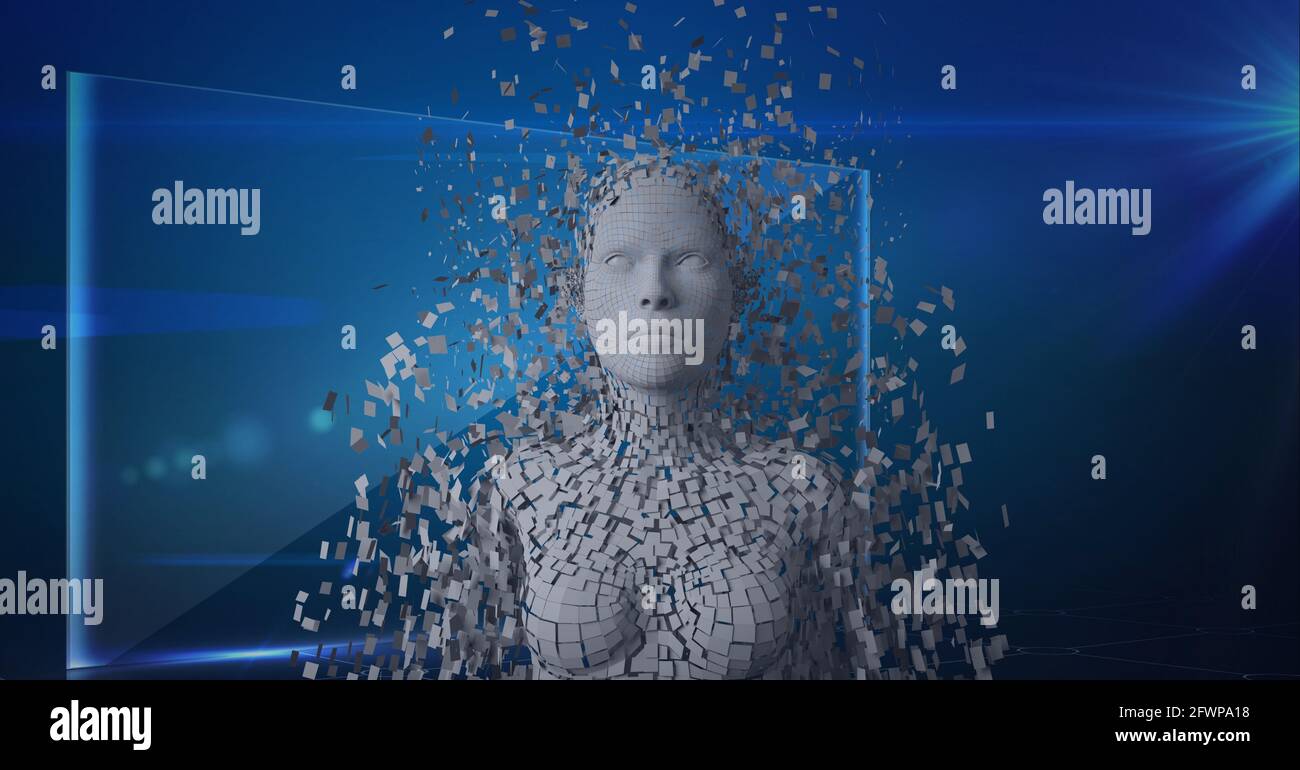 Composition of exploding human bust formed with grey particles and ...