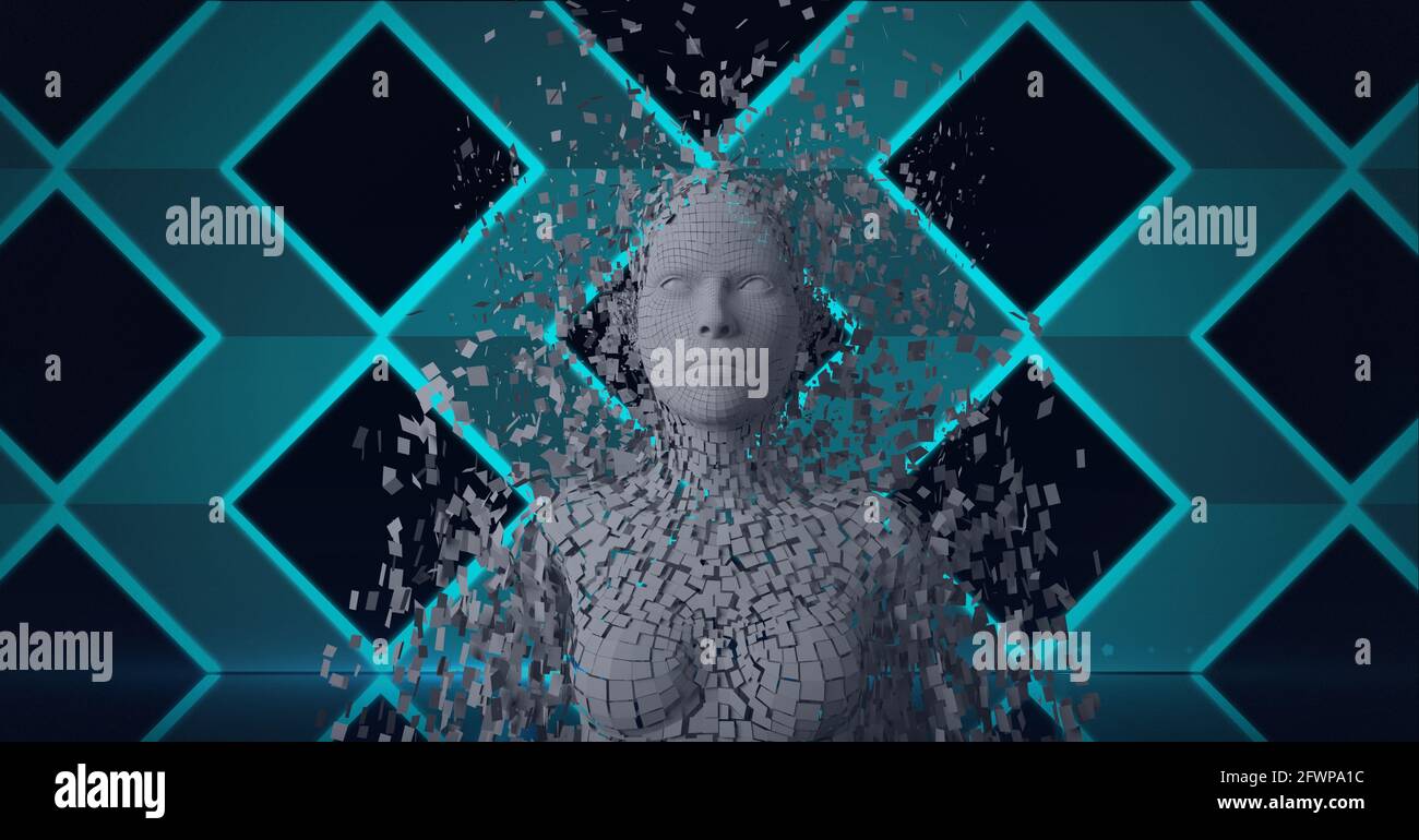 Composition of exploding human bust formed with grey particles and ...