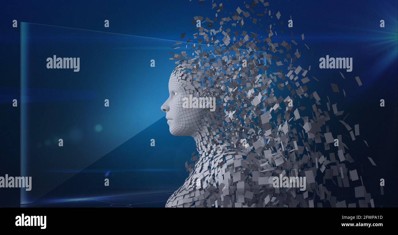 Composition of exploding human bust formed with grey particles and ...