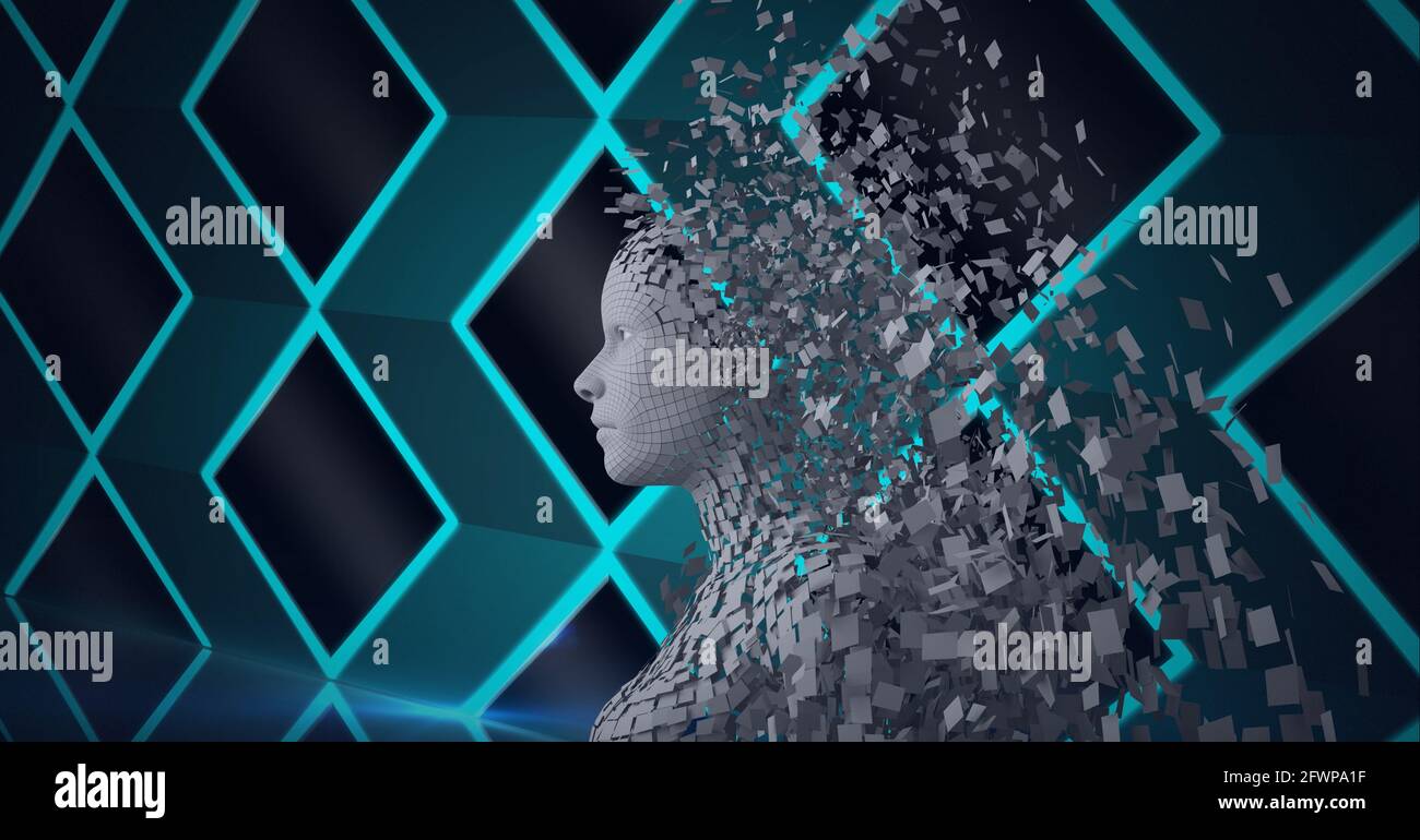 Composition of exploding human bust formed with grey particles and ...
