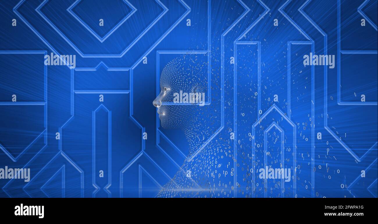 Composition Of Exploding Human Bust Formed With Binary Coding And Blue 2725