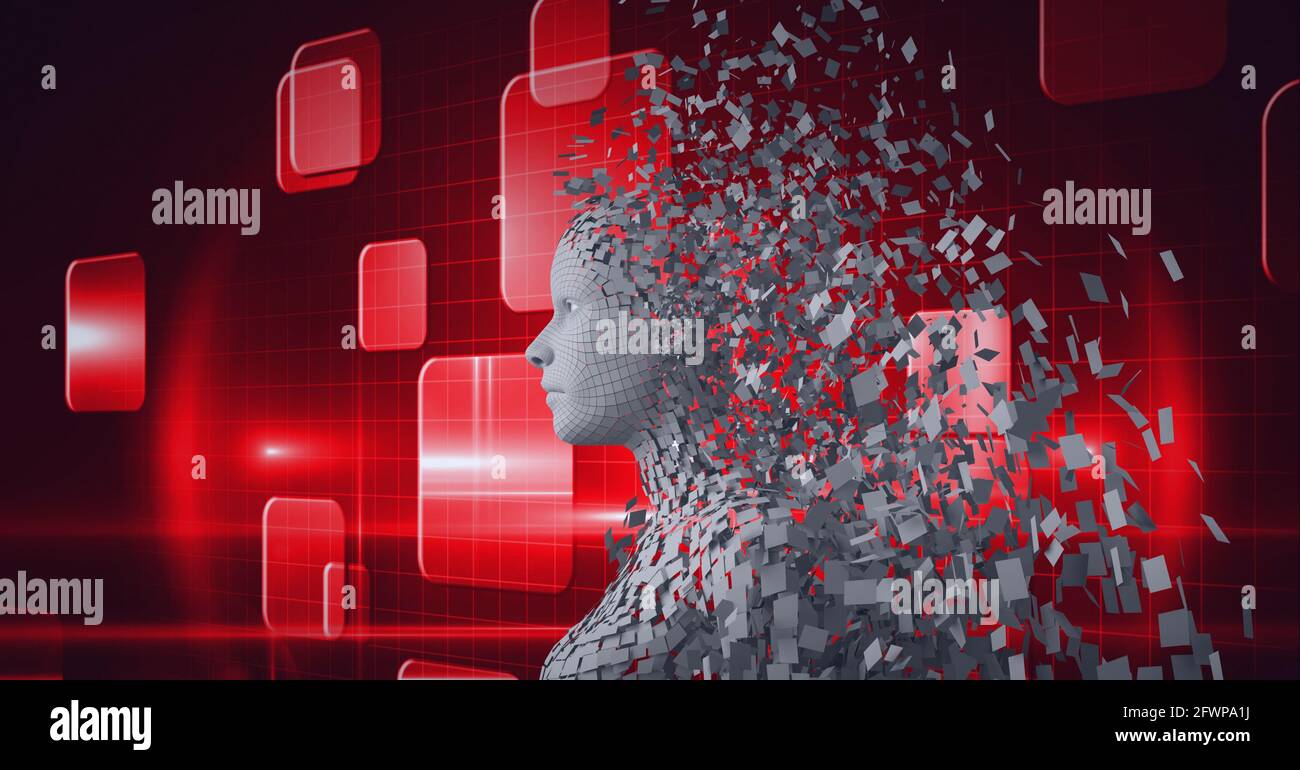 Composition of exploding human bust formed with grey particles and red ...