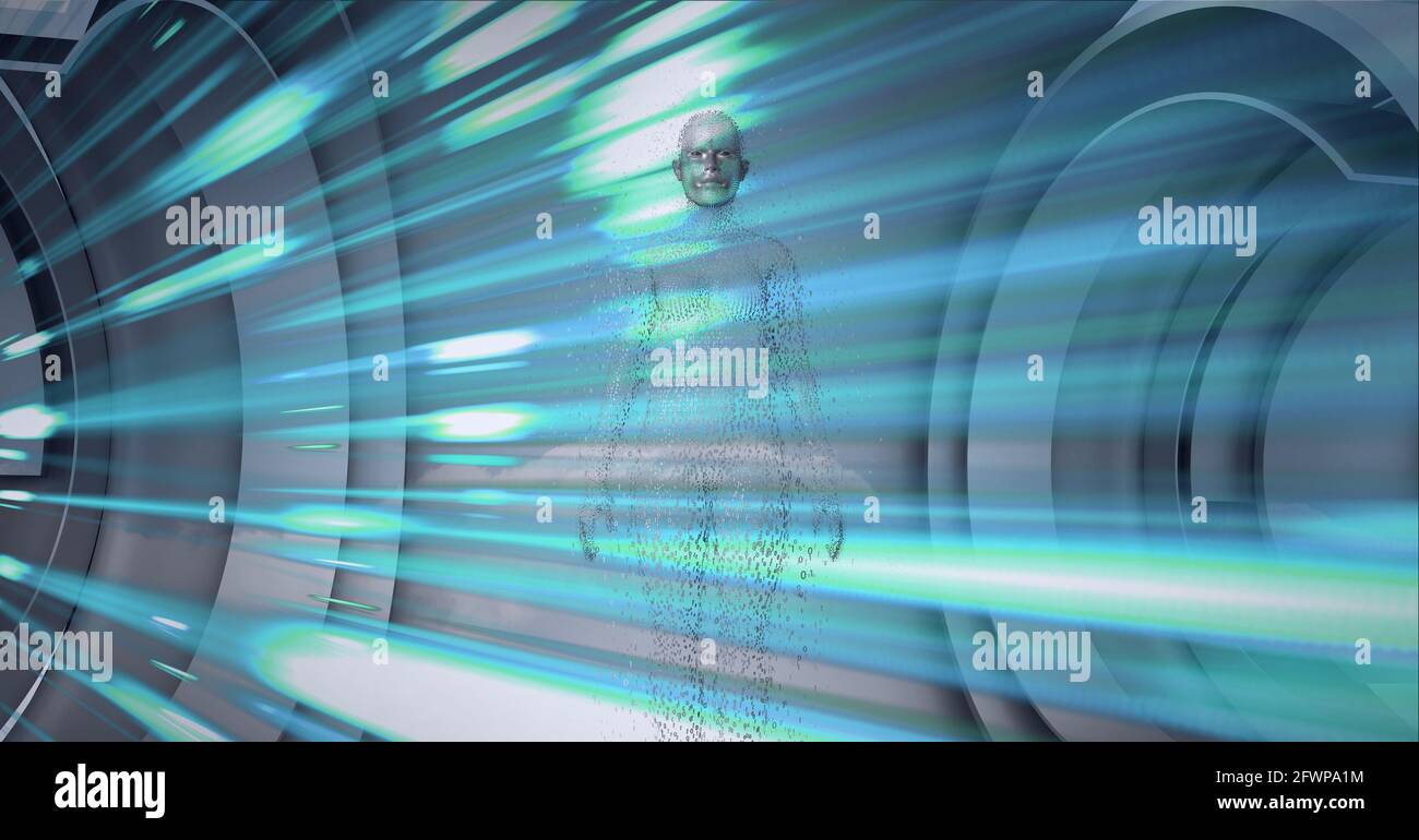 Composition of exploding human bust formed with grey particles and blue ...