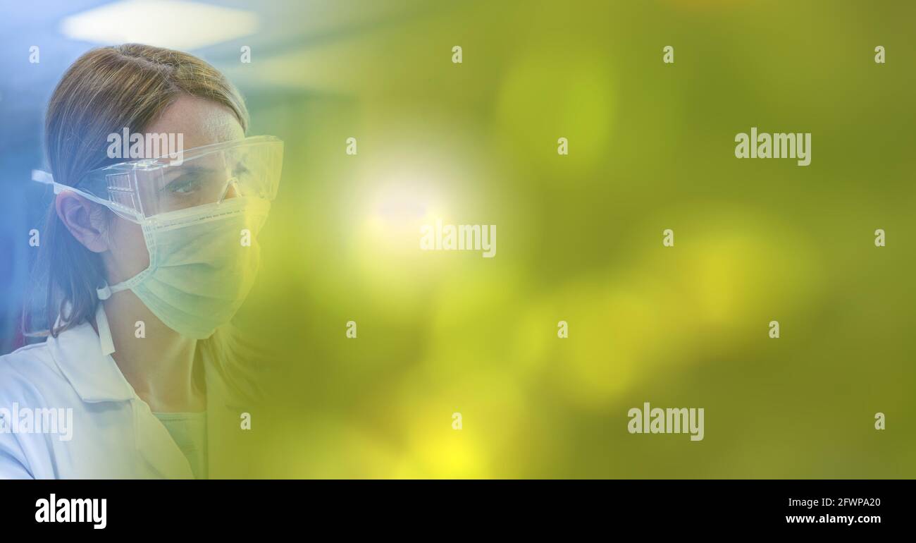 Composition of smiling female scientist wearing face mask in laboratory ...