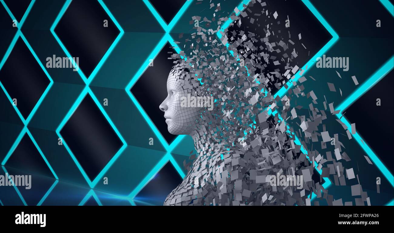 Composition of exploding human bust formed with grey particles and ...