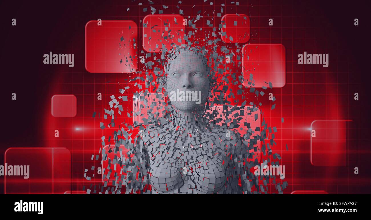 Composition of exploding human bust formed with grey particles and red ...