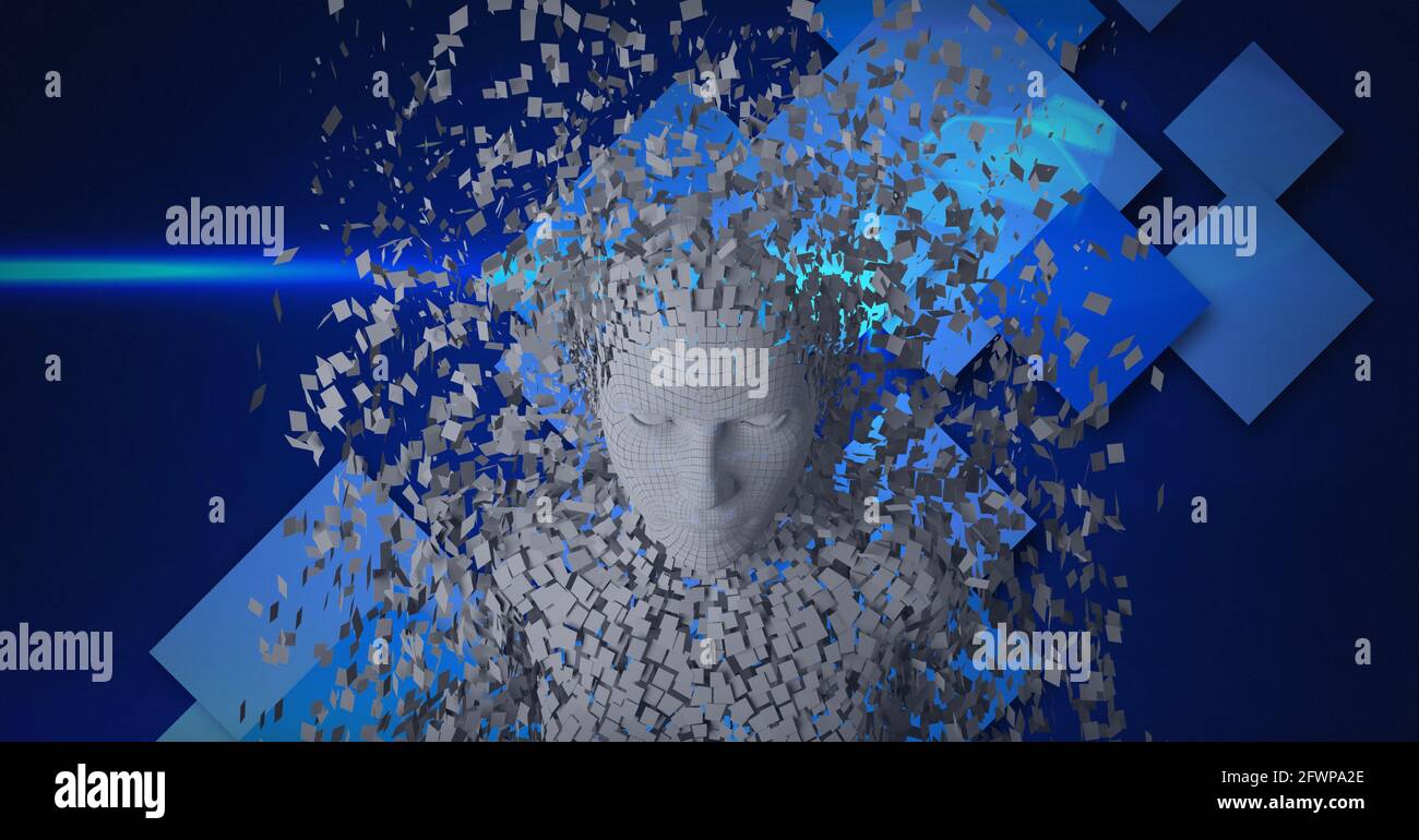 Composition Of Exploding Human Bust Formed With Grey Particles And Blue