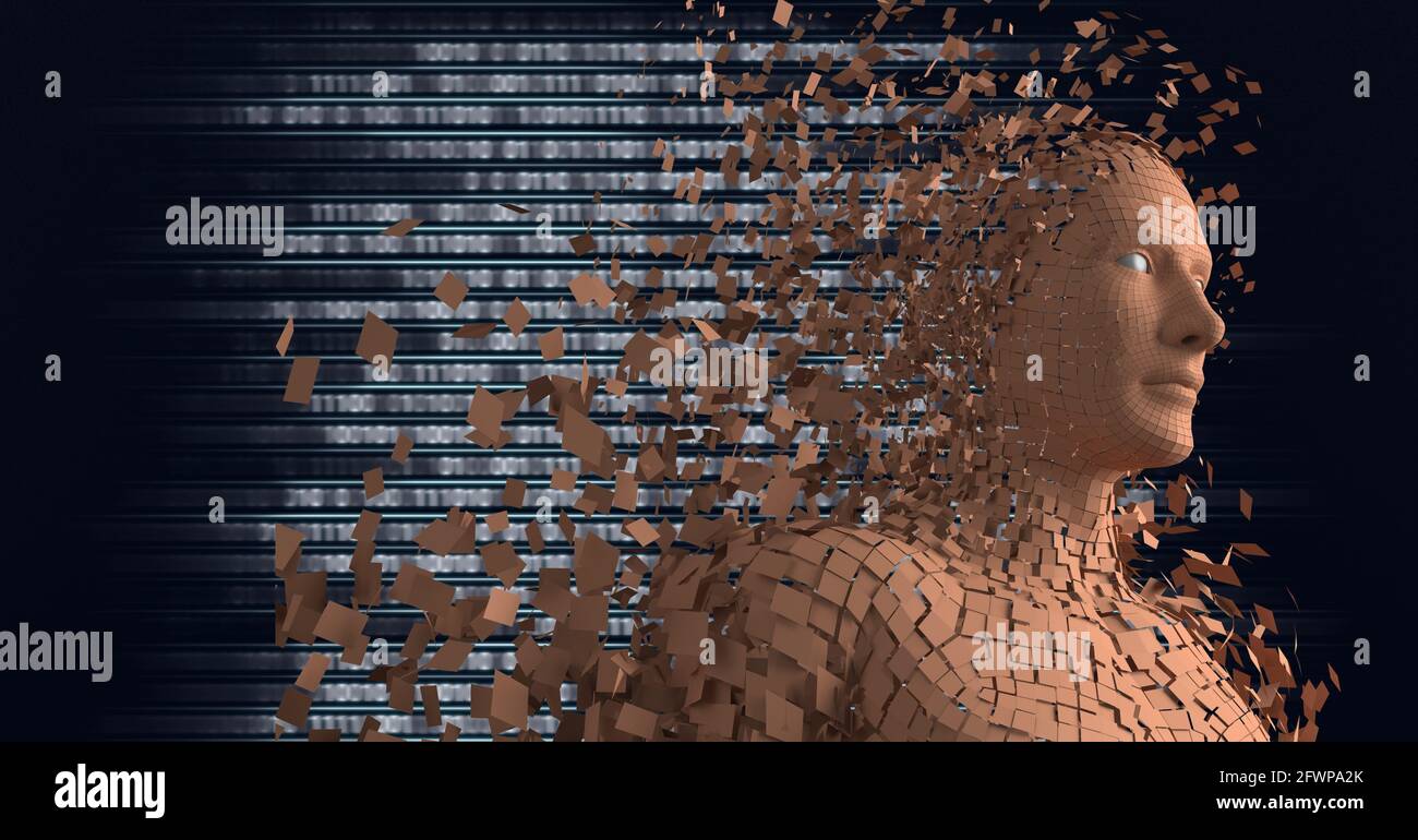Composition of exploding human bust formed with orange particles and binary coding Stock Photo ...