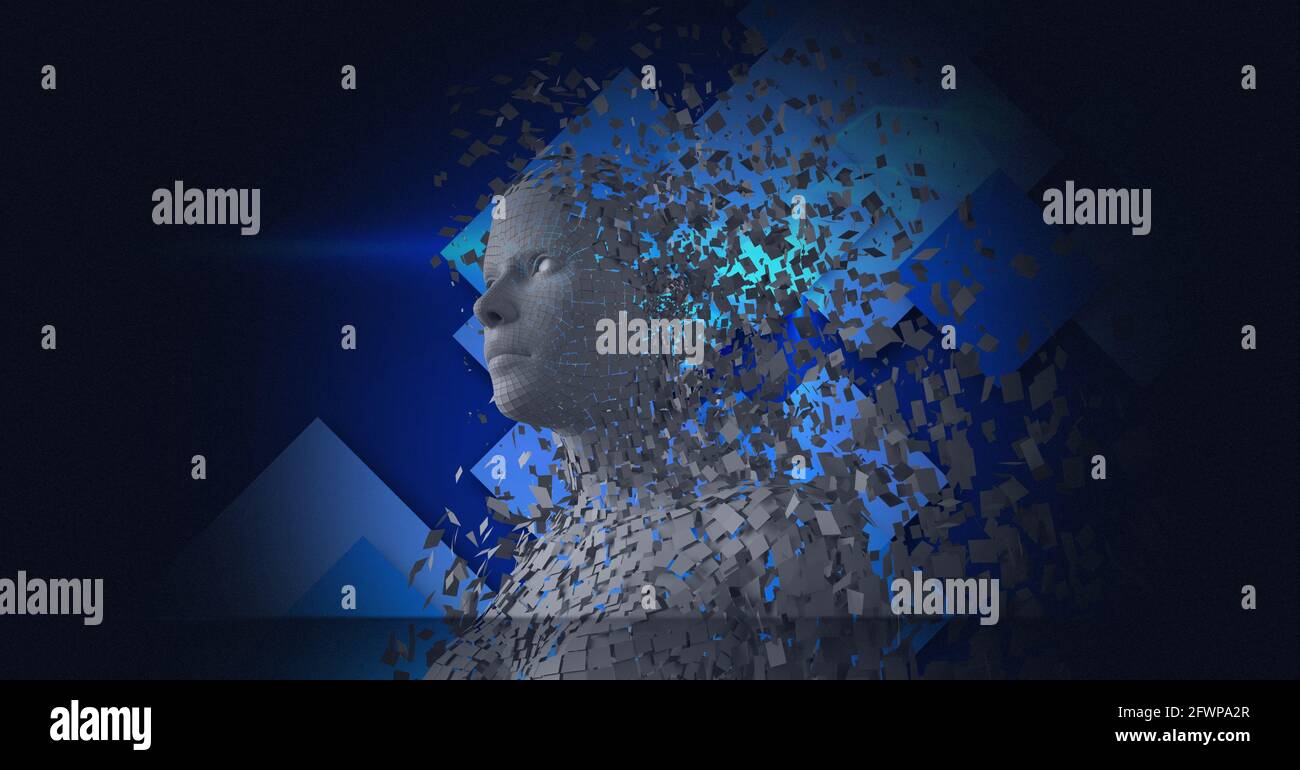 Composition of exploding human bust formed with grey particles and ...