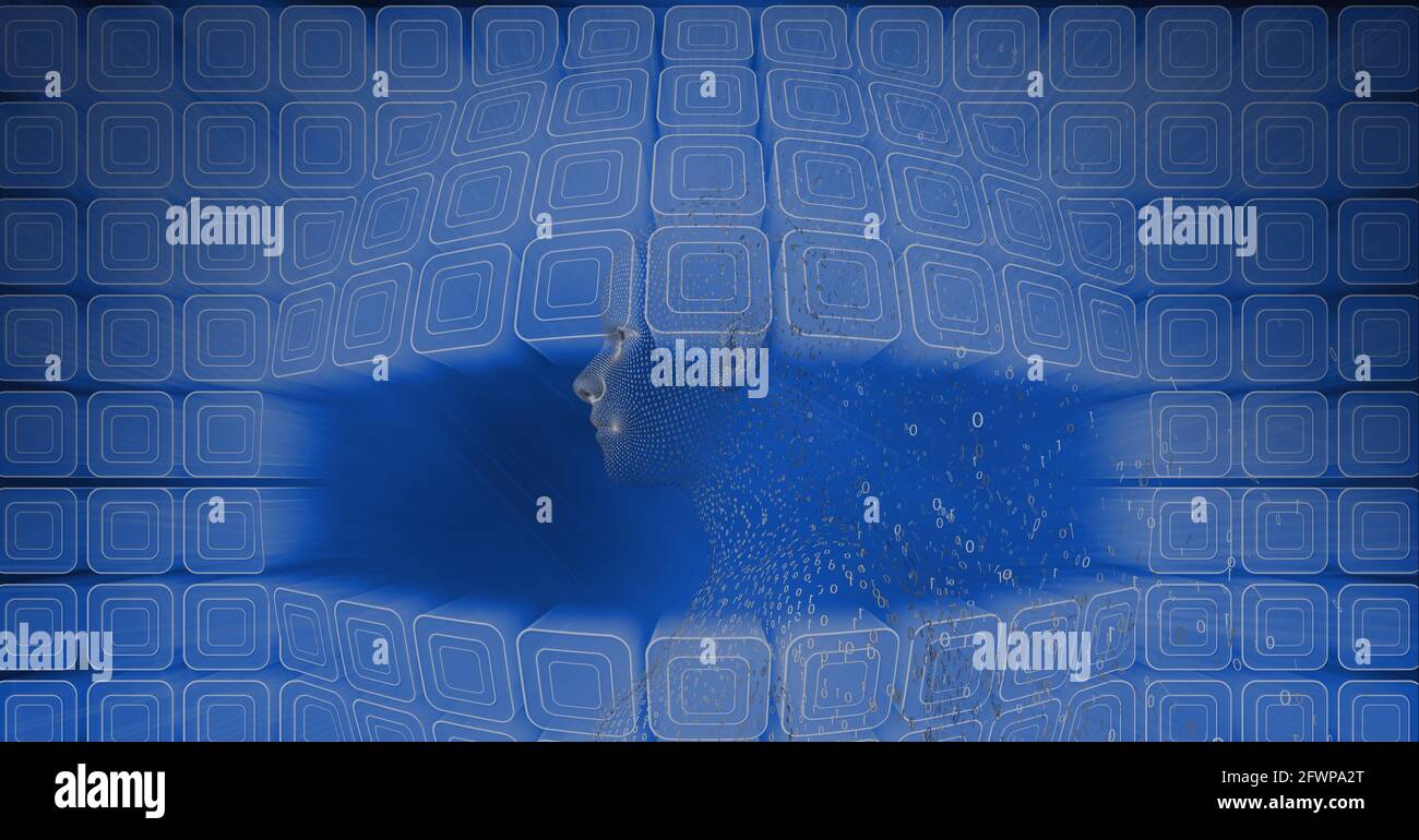 Composition Of Exploding Human Bust Formed With Binary Coding And Blue