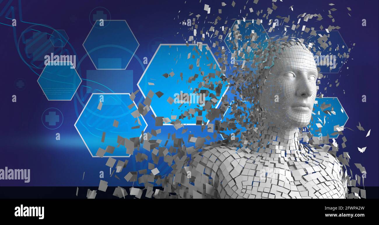 Composition of exploding human bust formed with white particles and dna ...