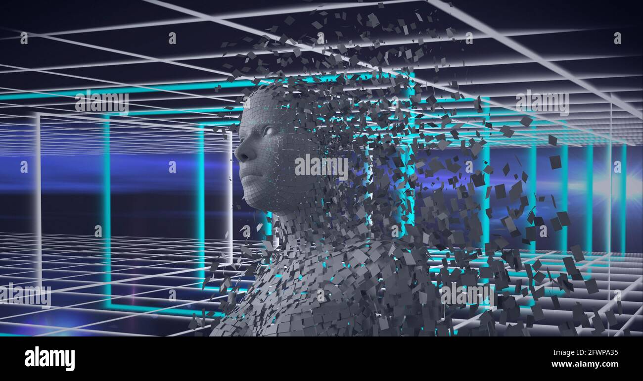 Composition of exploding human bust formed with grey particles and blue ...