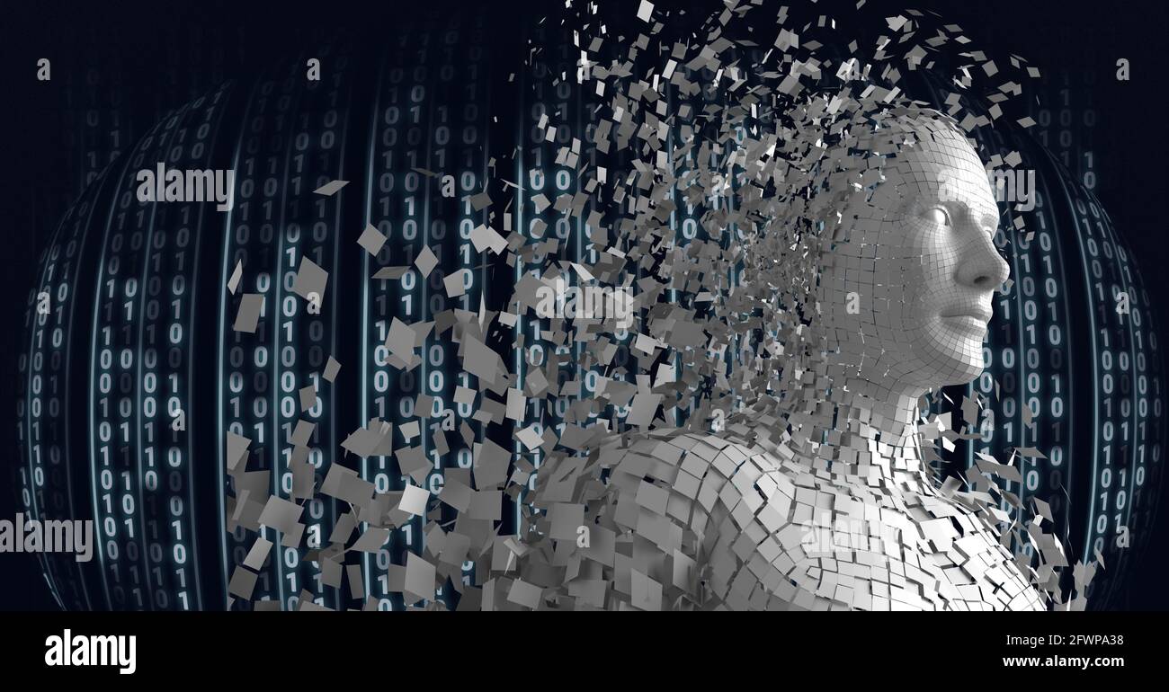 Composition of exploding human bust formed with white particles and binary coding Stock Photo ...