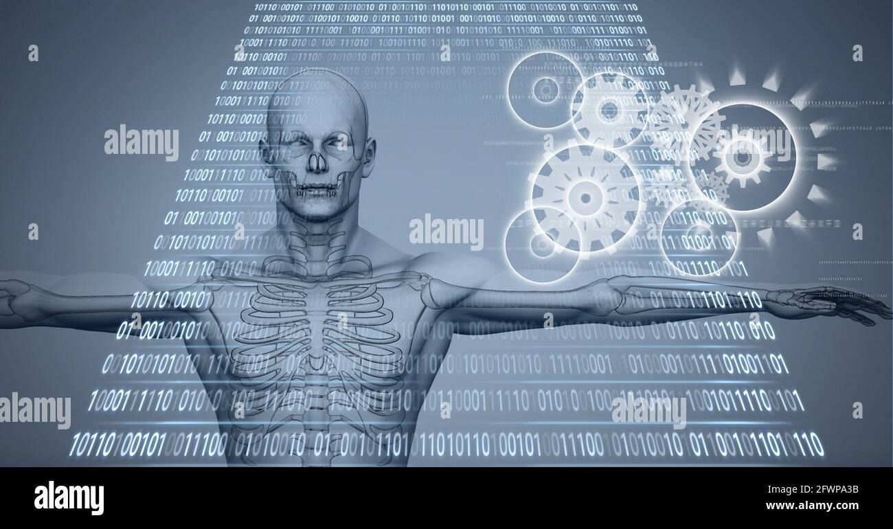 Composition of binary coding and cogs over human body Stock Photo - Alamy