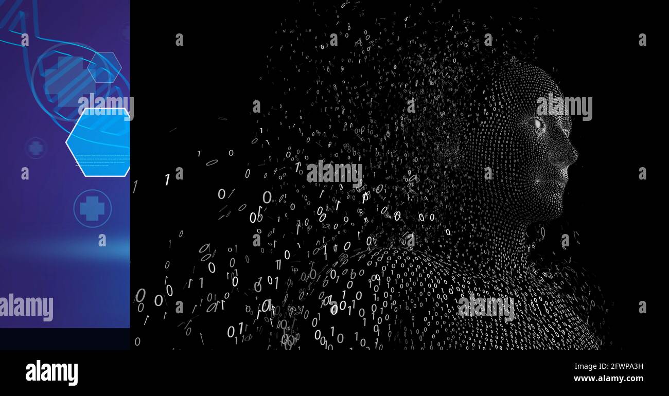 Composition Of Exploding Human Bust Formed With Binary Coding And Dna
