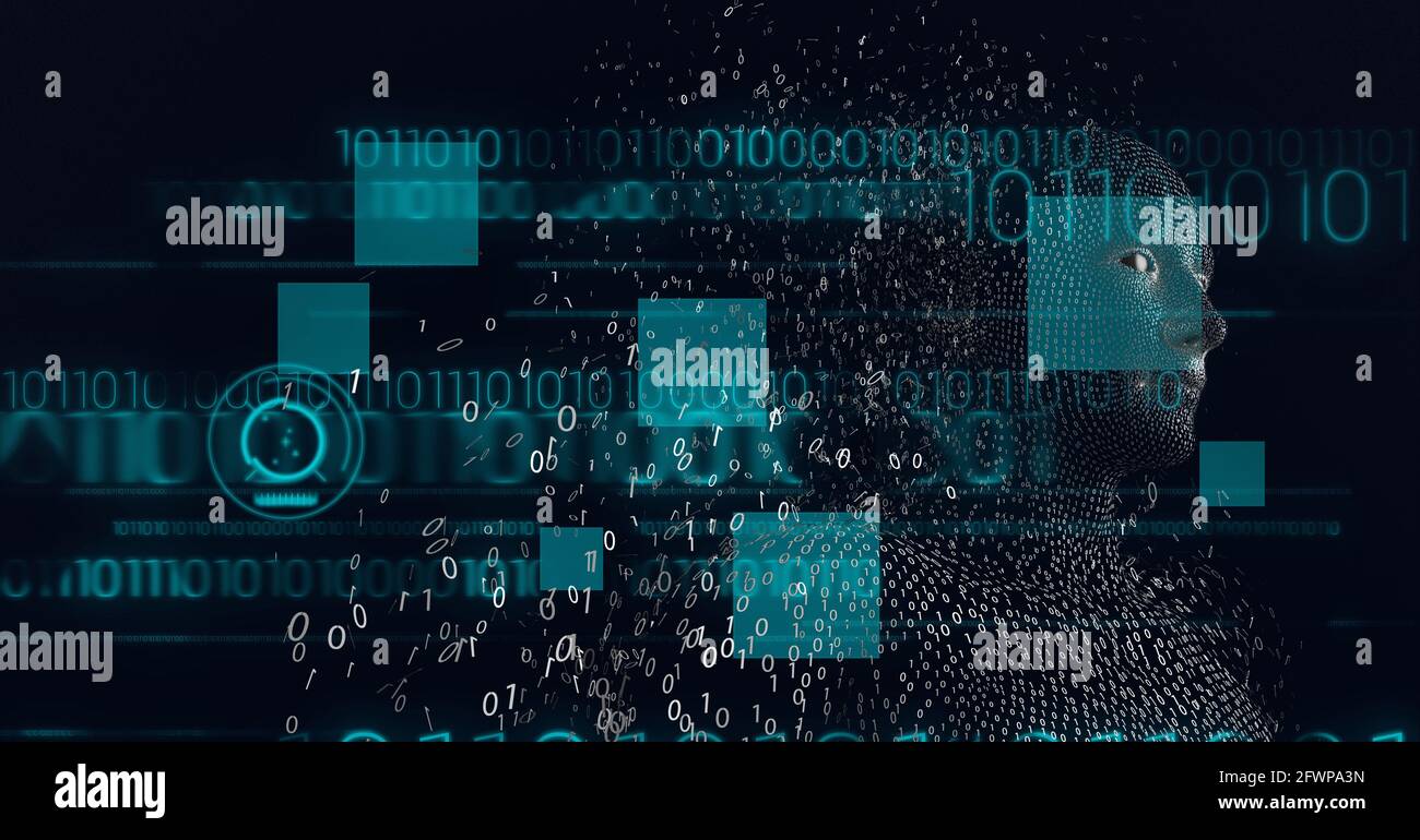 Composition of exploding human bust, screens and binary coding Stock Photo - Alamy