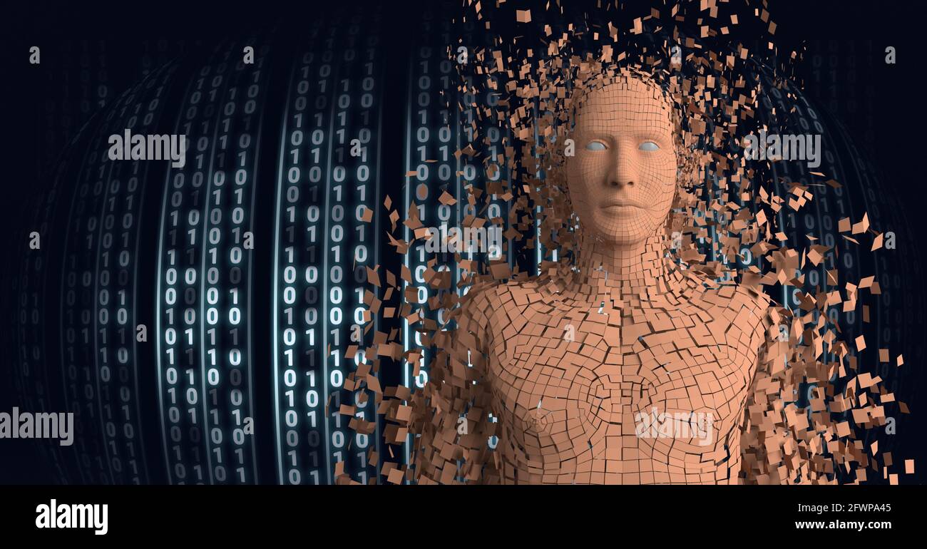 Composition of exploding human bust formed with orange particles and binary coding Stock Photo ...