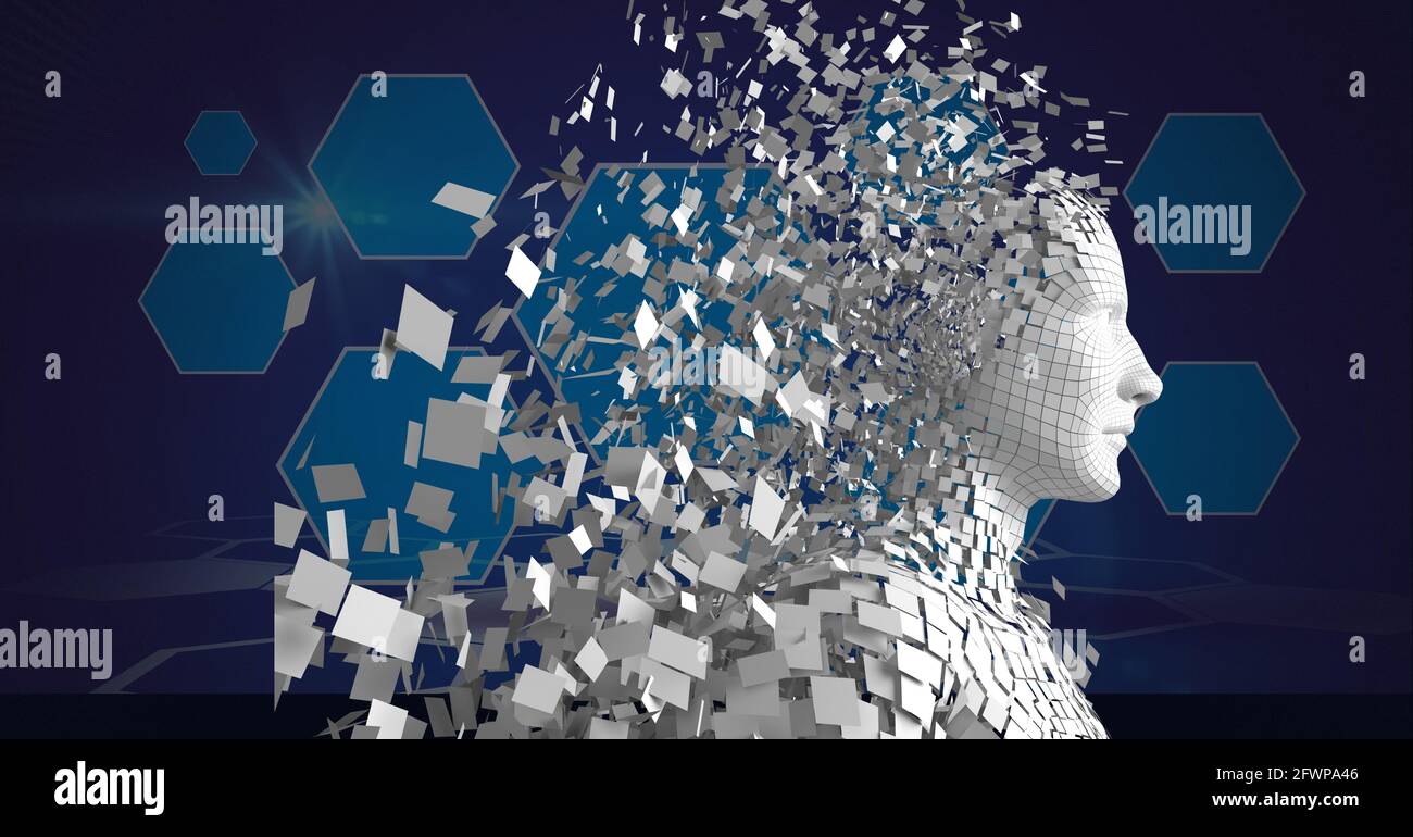 Composition of exploding human bust formed with white particles and ...