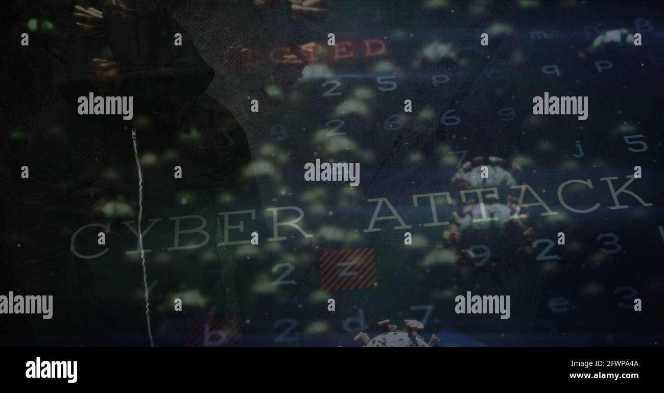 Composition of covid cells and cyber attack warning message on dark ...