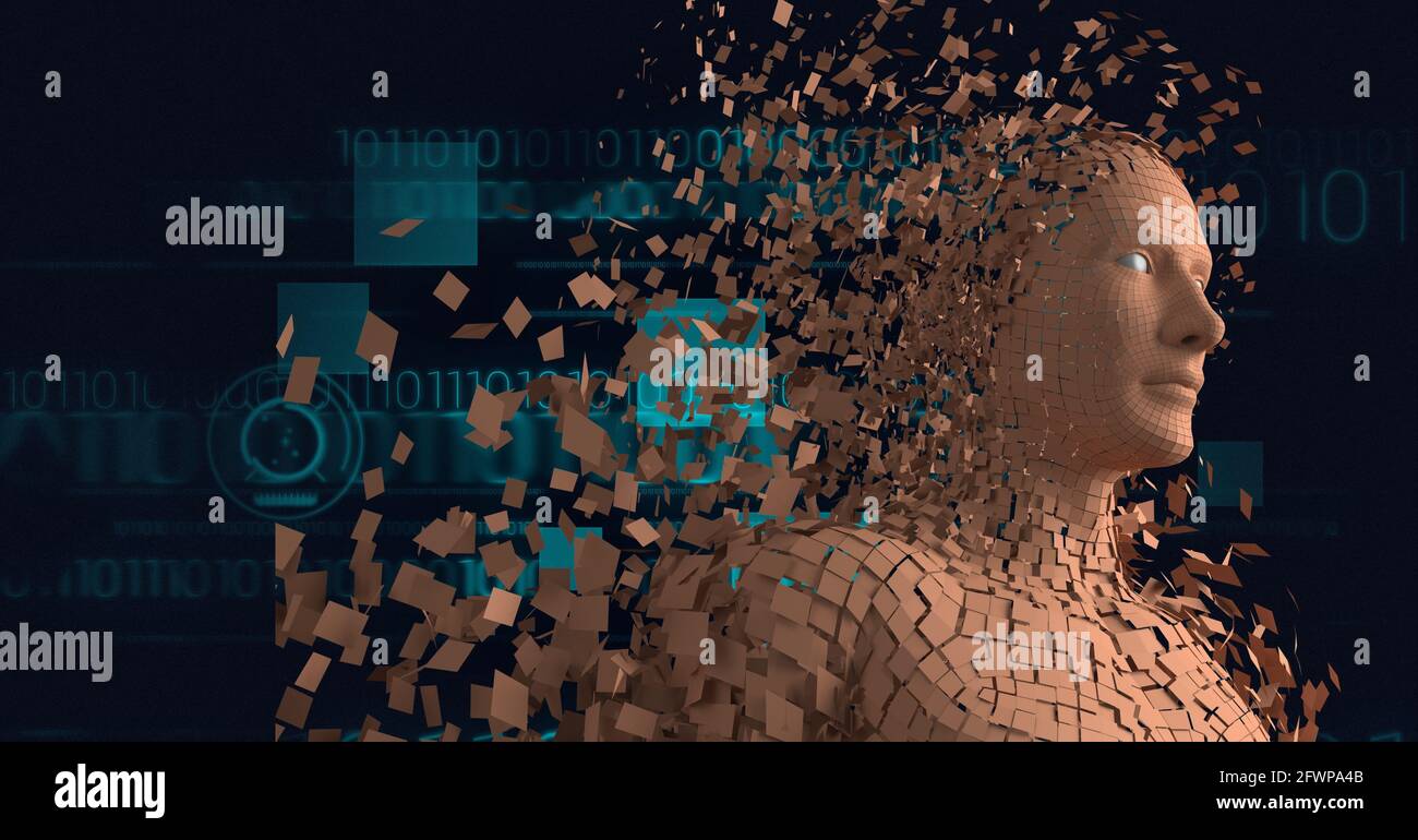 Composition of exploding human bust formed with orange particles, digital elements and binary ...