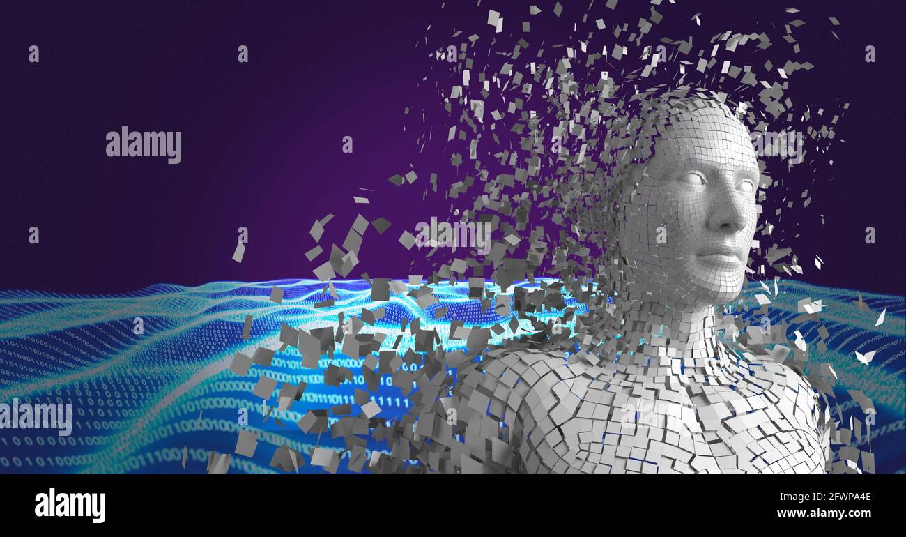 Composition of exploding human bust formed with white particles and binary coding Stock Photo ...