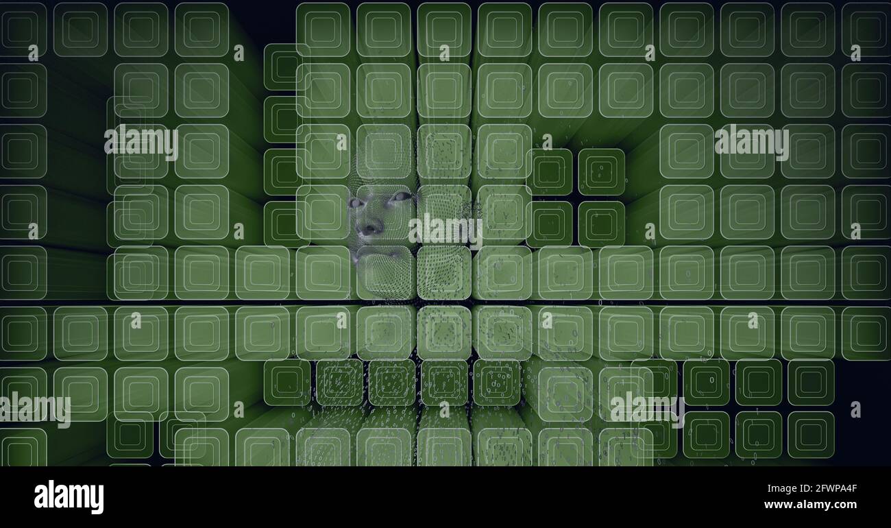 Composition of human face and cubes on green background Stock Photo - Alamy
