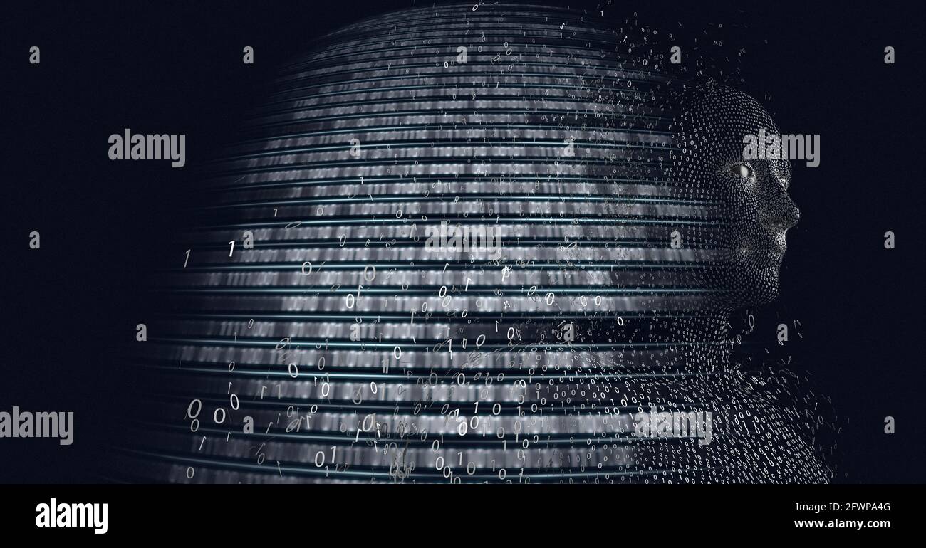 Composition of exploding human bust and binary coding Stock Photo - Alamy