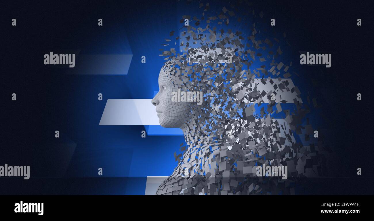 Composition of exploding human bust formed with grey particles and ...