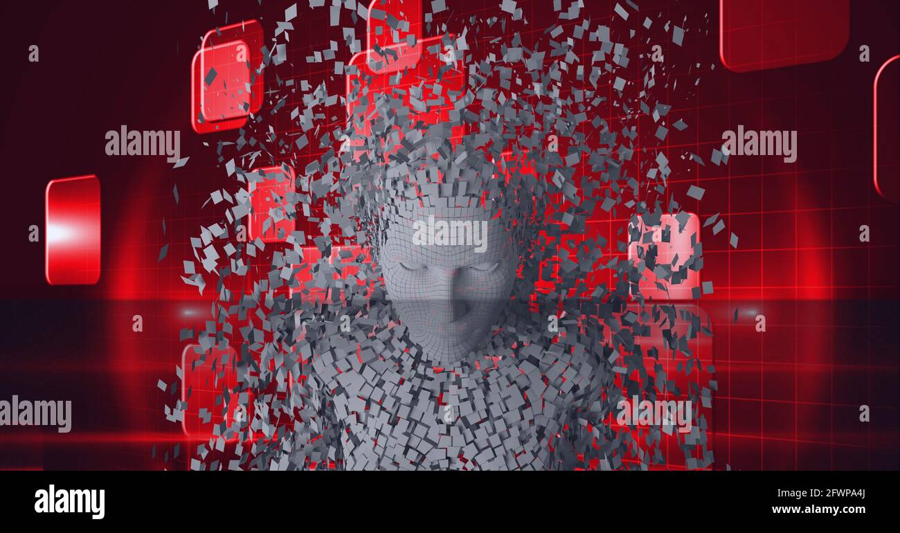 Composition of exploding human bust formed with grey particles and red ...
