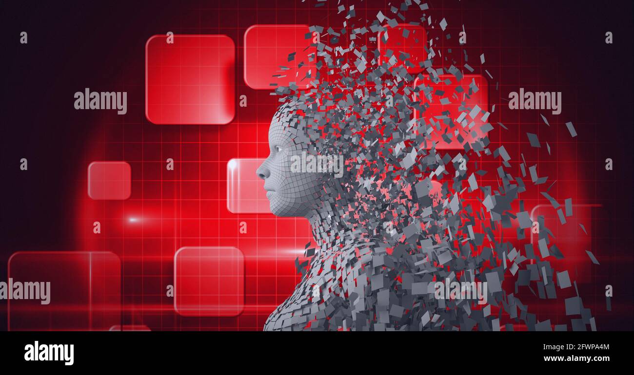 Composition of exploding human bust formed with grey particles and red ...