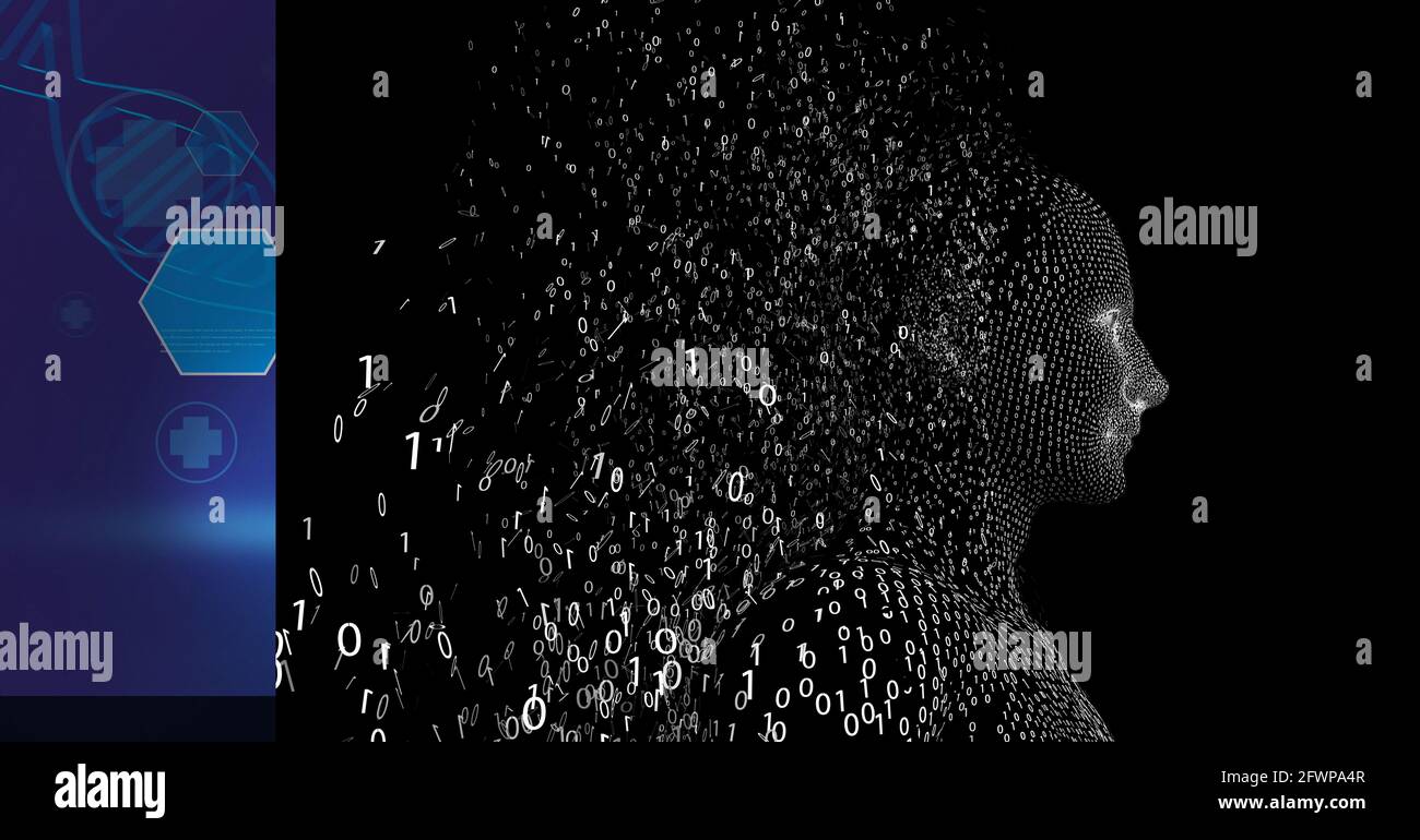 Composition of exploding human bust formed with binary coding and dna ...