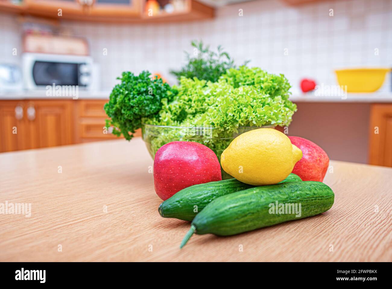 Healthy food products on the table in the kitchen Stock Photo - Alamy