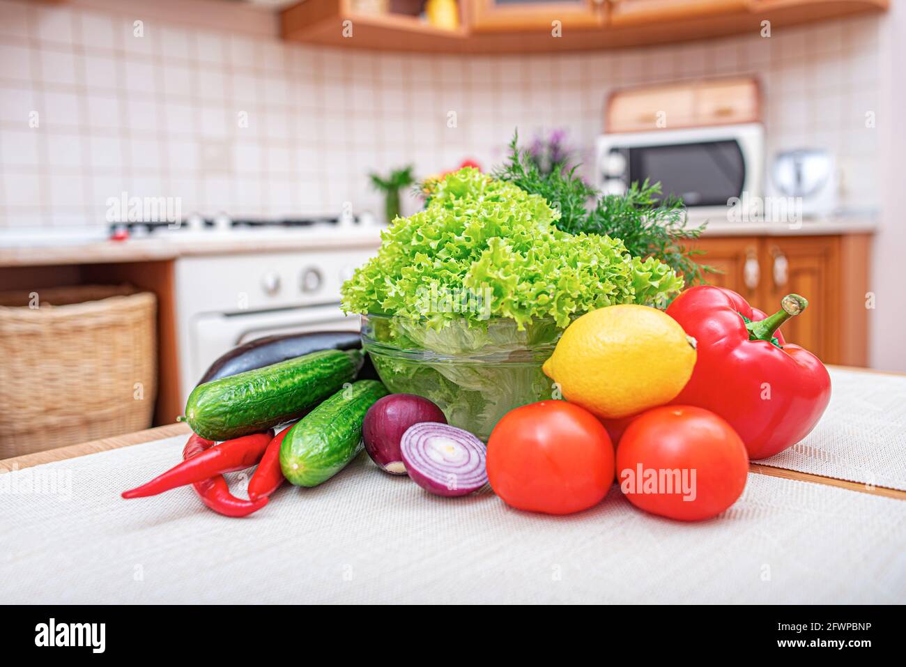 Healthy food products on the table in the kitchen Stock Photo - Alamy