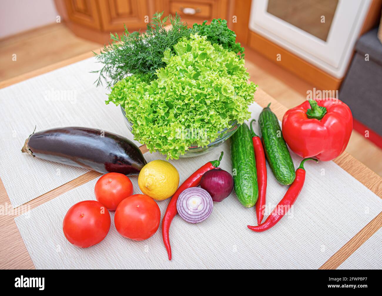 Healthy food products on the table in the kitchen Stock Photo - Alamy