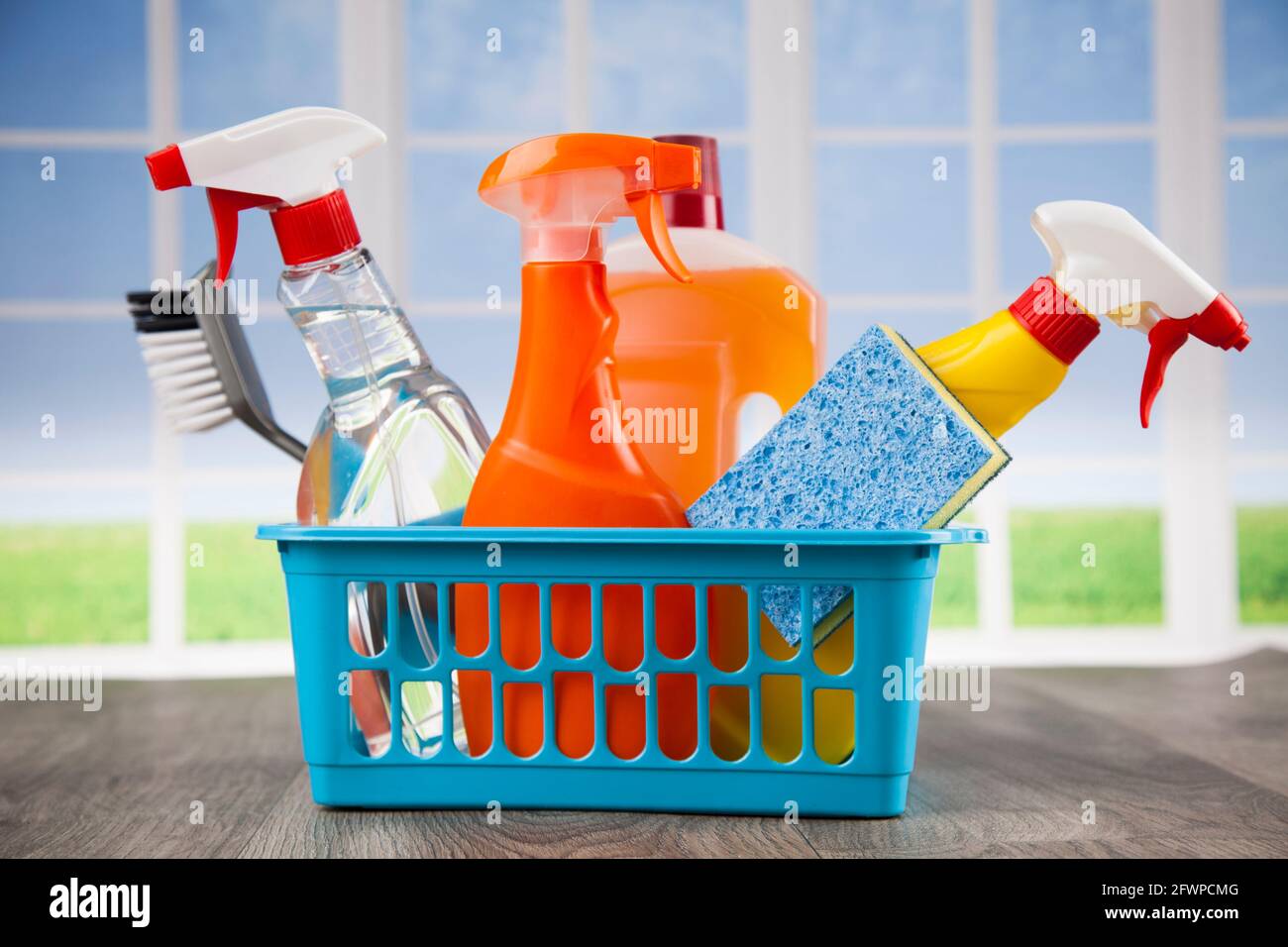 Group of assorted cleaning and window background Stock Photo - Alamy